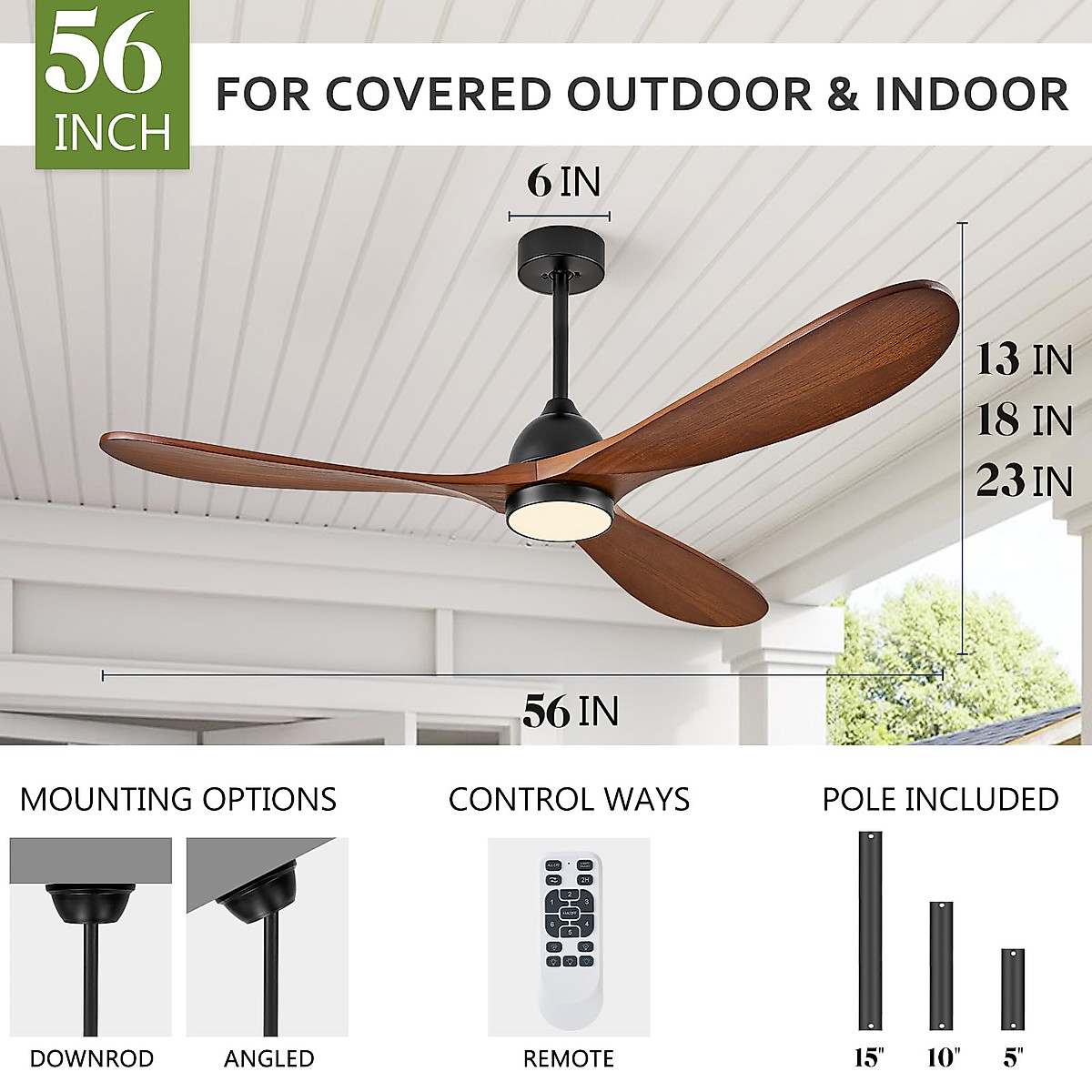 Eliora 54 inch Outdoor Ceiling Fan, Outdoor Ceiling Fans for Patios with Light and Remote Control, 3 Solid Wood Blades, Quiet DC Motor, Outdoor Ceiling Fans for Patios, Porch, Dark Walnut