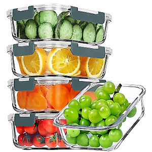 VERONES 5 Pack 36 OZ Glass Meal Prep Containers, Airtight Glass Lunch Containers Set, Glass Food Storage Containers with Lids,BPA-Free, for Microwave, Oven, Freezer & Dishwasher Friendly,Grey