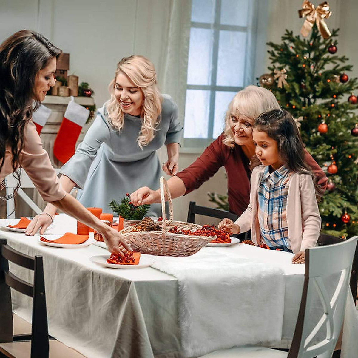 AerWo Faux Fur Christmas Table Runner, Winter Snowy White Table Runner for White Christmas Holiday Table Decoration 72 x 15 Inch