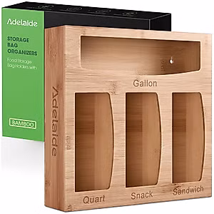 Adelaide Bag Storage Organizer for Kitchen Drawer, Bamboo Organizer, Compatible with Ziplock Gallon, Quart, Sandwich and Snack Variety Size Bag (1 Box 4 Slots)