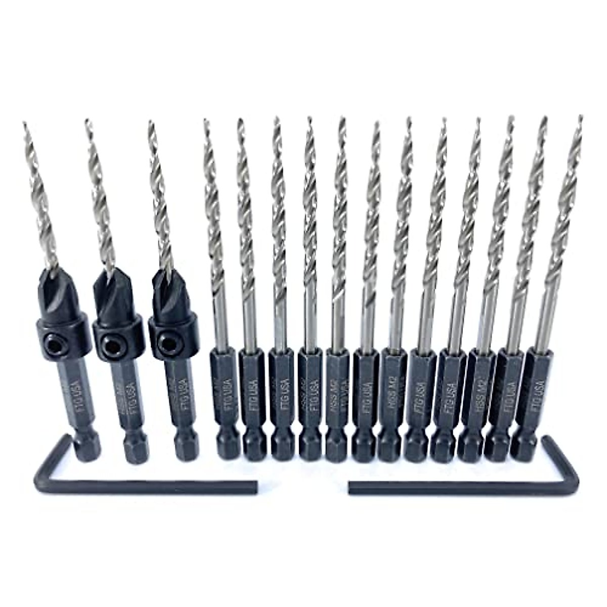 FTG USA Countersink Drill Bit Set 3 Pc #6 (9/64") Wood Countersink Drill Bit Pack Same Size Set with 12 Replacement Bits #6 (9/64") Tapered Countersink Bit, with 1 Hex Wrench,