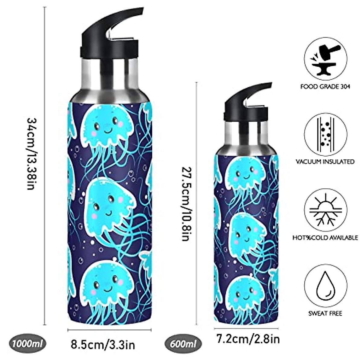 Cute Jellyfish Leak Free Insulated Bottles with Handle 32 oz Vaccuum Bottle with Straw Lid Thermal Bottle for Hot & Cold Drinks BAP-Free