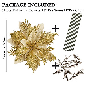 GREENTIME 12 Pcs Glitter Poinsettia 5.5" Artificial Flowers Christmas with Clips Stems Xmas Tree Ornaments for Wedding Party Wreath Decoration (Golden)