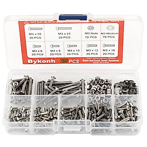 280 PCS M3 Button Head Socket Cap Bolts Screws Nuts Flat Washers Assortment Kit, Stainless Steel 304