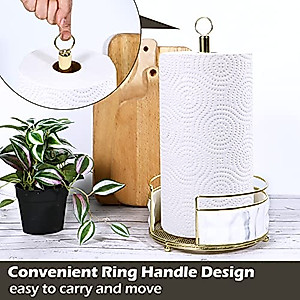 Koluti Paper Towel Holder Countertop, Farmhouse Kitchen Paper Roll Stand, Rustic Gold Metal Paper Towel Rack Organizer Storage for Dining Table, with Courtyard Fence, Marble Print Silicone Finish
