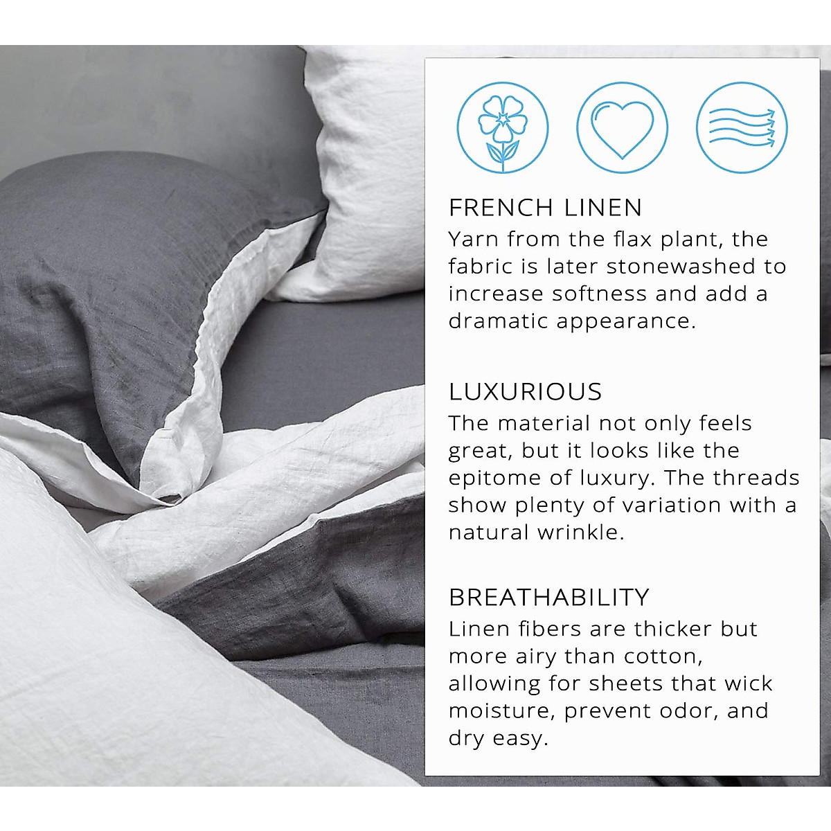 Wooflinen 100% Stone Washed French Linen 6 Piece Bed Duvet Set + Sheet Set - Luxurious Sheets (Full)