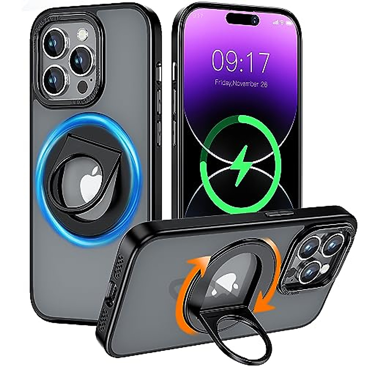 KMERUOTR 360° Rotatable Ring for iPhone 14 Pro Case [Compatible with MagSafe] [Military-Grade Protection], Shockproof Protective Slim Invisible Stand for Women Men Phone Case 6.1 Inch,Black