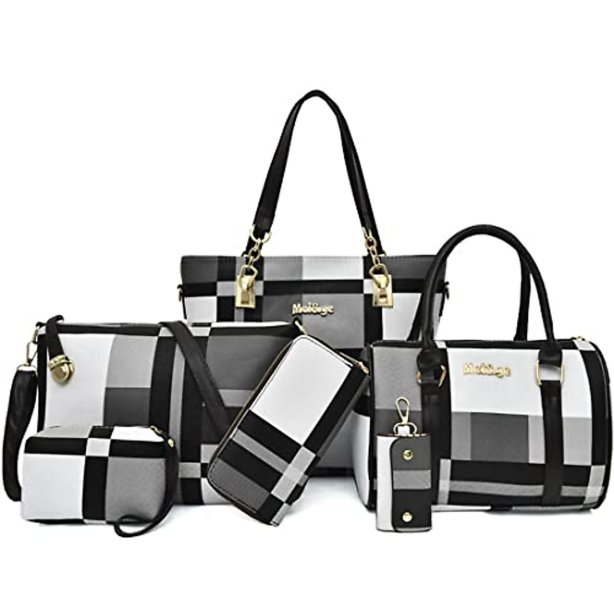 6-Pcs Handbags Set for Women Faux Leather Tote Bag Fashion Top-Handle Handbag Shoulder Bags Crossbody Totes Satchel Purses & Wristlet Wallet Purse Set-Gray