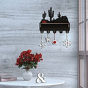 The Geeky Days Cliffs Cactus Key Holder for Wall, Desert Plant Wooden Wall Mounted Hat Coat Rack with Mail Medal Organizer Shelf, 5 Metal Hooks Hanger, for Closet Door Hanging Rustic Home Decor