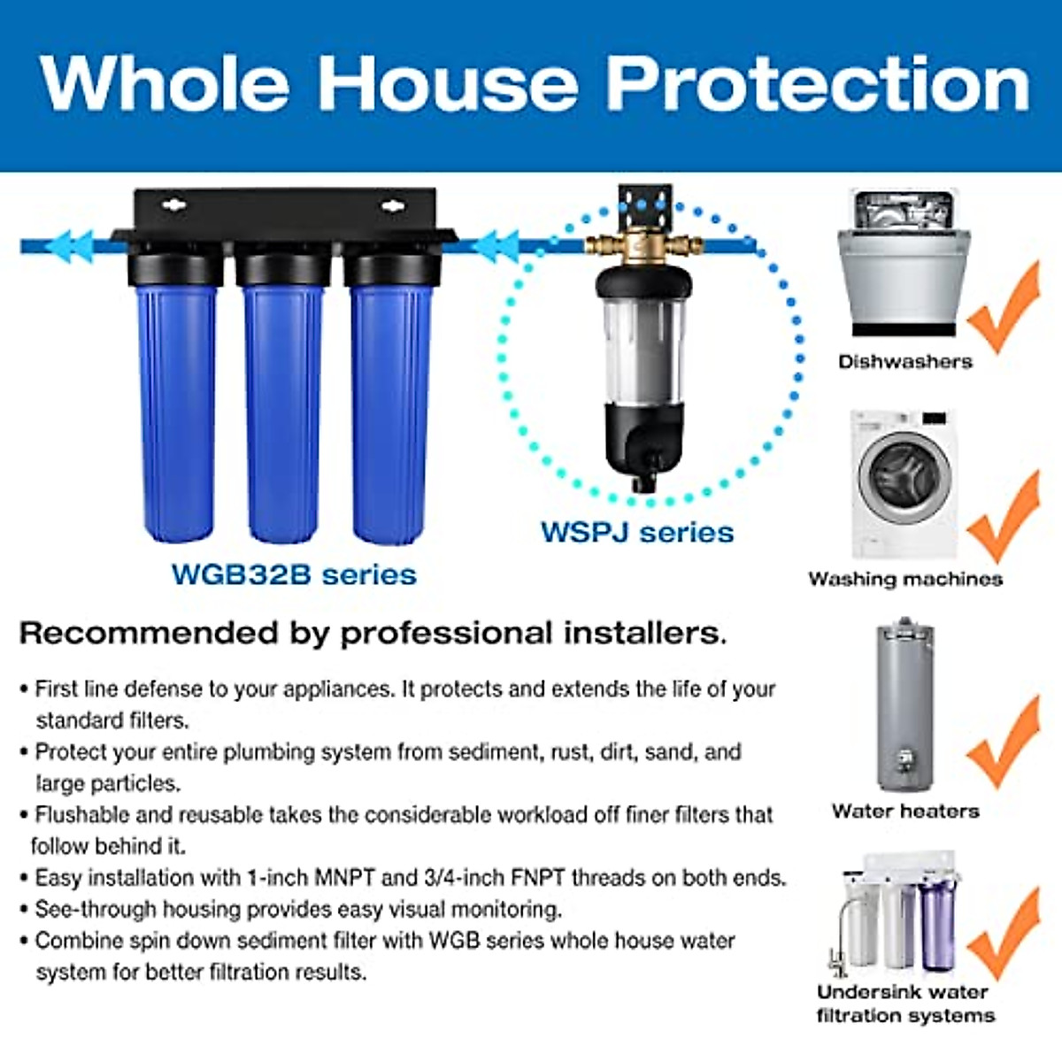 iSpring WSP500J Reusable Whole House Spin-Down Sediment Water Filter, Upgraded Jumbo Size, Large Capacity, 500-Micron Flushable Prefilter Filtration, 1" MNPT + 3/4" FNPT, Lead-Free Brass