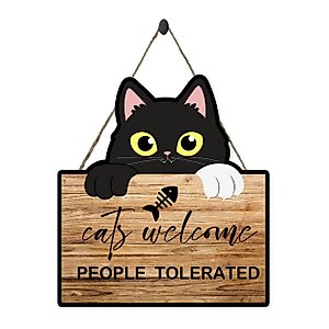 Funny Welcome Sign,Cats Welcome People Tolerated,Wooden Hanging Wall Sign,Decoration for Home Front Door,Gifts for Women Cat Lovers,Black Kitten,9.8x11 inches