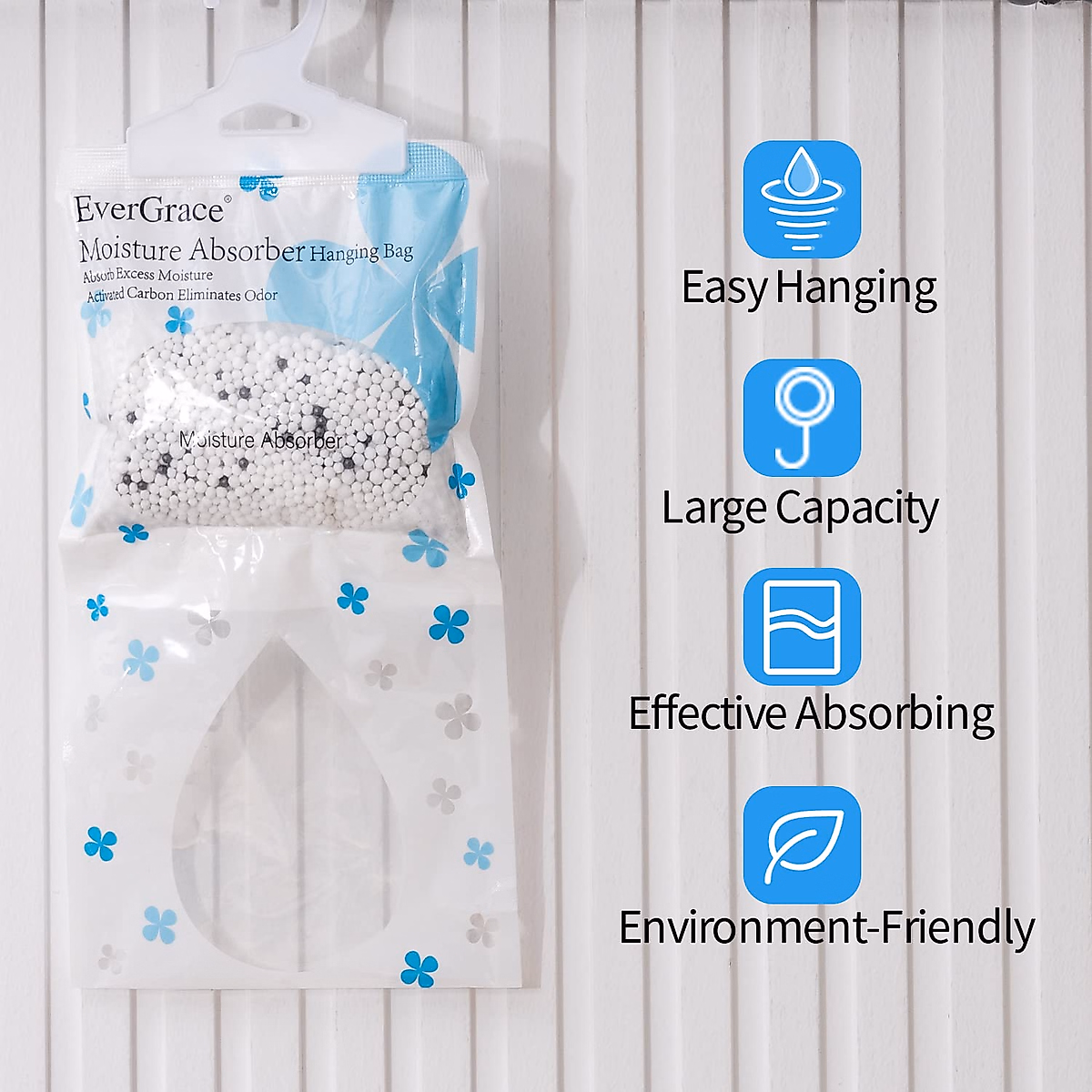 EVERGRACE Moisture Absorbers 10 Packs 240g, Hanging Moisture Bags Fragrance Free Dehumidifier Bags for Basements, Bathroom, Bedroom, Cars, Closets, Dormitory, Kitchen, Laundry Rooms