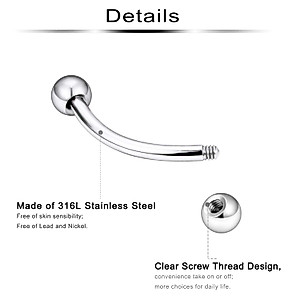 Ftovosyo Eyebrow Studs 16G 36 Pieces 316L Stainless Steel Belly Ring Nipple Helix Cartilage Tragus Curved Barbells Body Piercing Jewelry for Women 6mm with Ball Spike