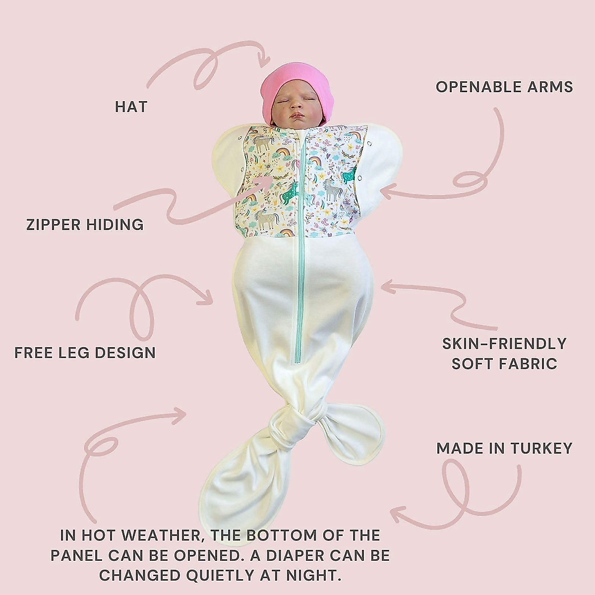 Baby Swaddle, Newborn to 6 Months Babies,0 Cotton, Easy to use with Zipper, Hat is Gift, Transition Swaddle Bag, Unisex, Arms Free in and Out swaddling, Long Sleeve Sleeping Sack (Multi)