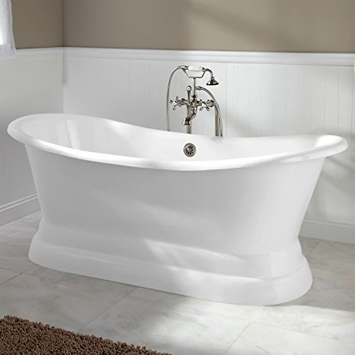 Signature Hardware 917204-72-RH Langly 72" Cast Iron Soaking Double Slipper, Pedestal Freestanding Tub with Pre-Drilled Overflow Hole and 7" Rim Holes