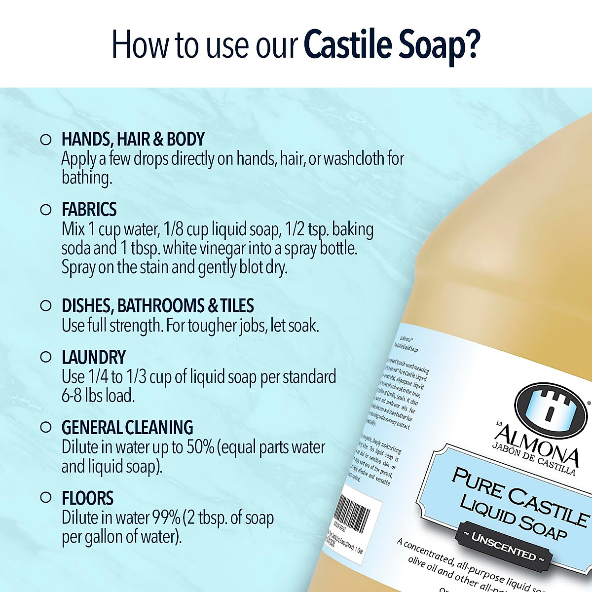 La Almona - Pure Castile Liquid Soap, UNSCENTED, 1 Gallon - Multipurpose: Hands, Face, Body, Laundry, Dishes & More - For Sensitive Skin, All-Natural Ingredients, Fragrance Free