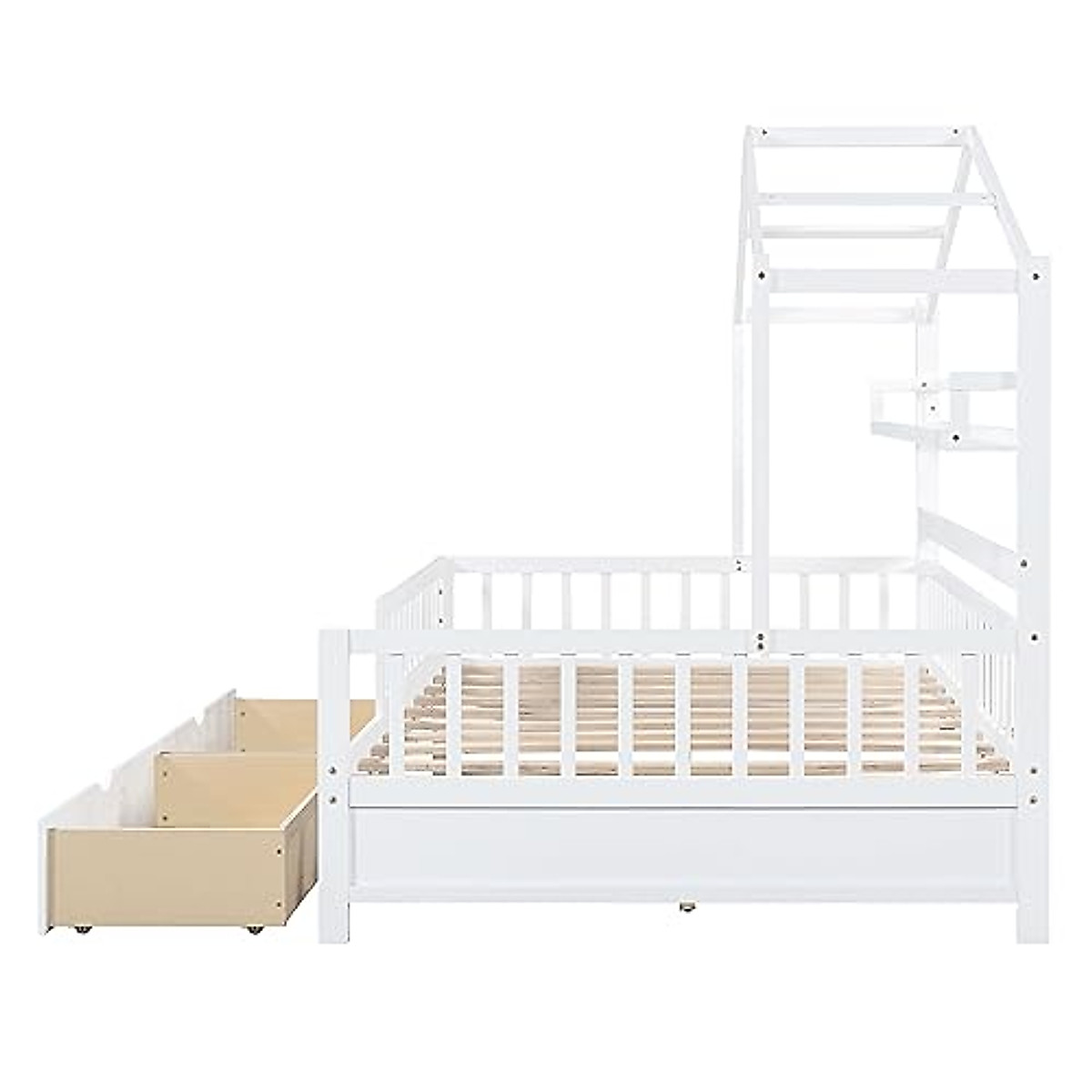 CKLMMC Full Size House Bed with 2 Drawers and 2 Shelves,Wooden Daybed Frame with Roof,Bedroom Furniture for Kids, Teens, Girls & Boys, Can Be Decorated (White/House-F)