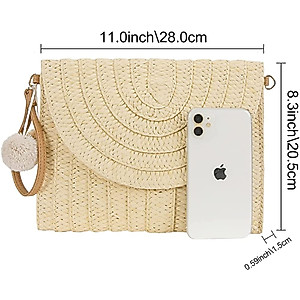 WILDAURORA Straw Shoulder Bag Straw Clutch Women Hand-woven PomPom Straw Crossbody Bag Summer Beach Envelope Purse Wallet
