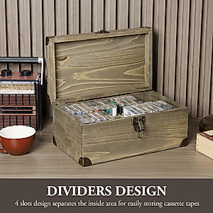 MyGift Vintage Gray Brown Wood Retro Audio Cassette Tape Storage Box with Antique Brass Tone Metal Latch and Brackets, 4 Compartments Hold up to 32 Tapes
