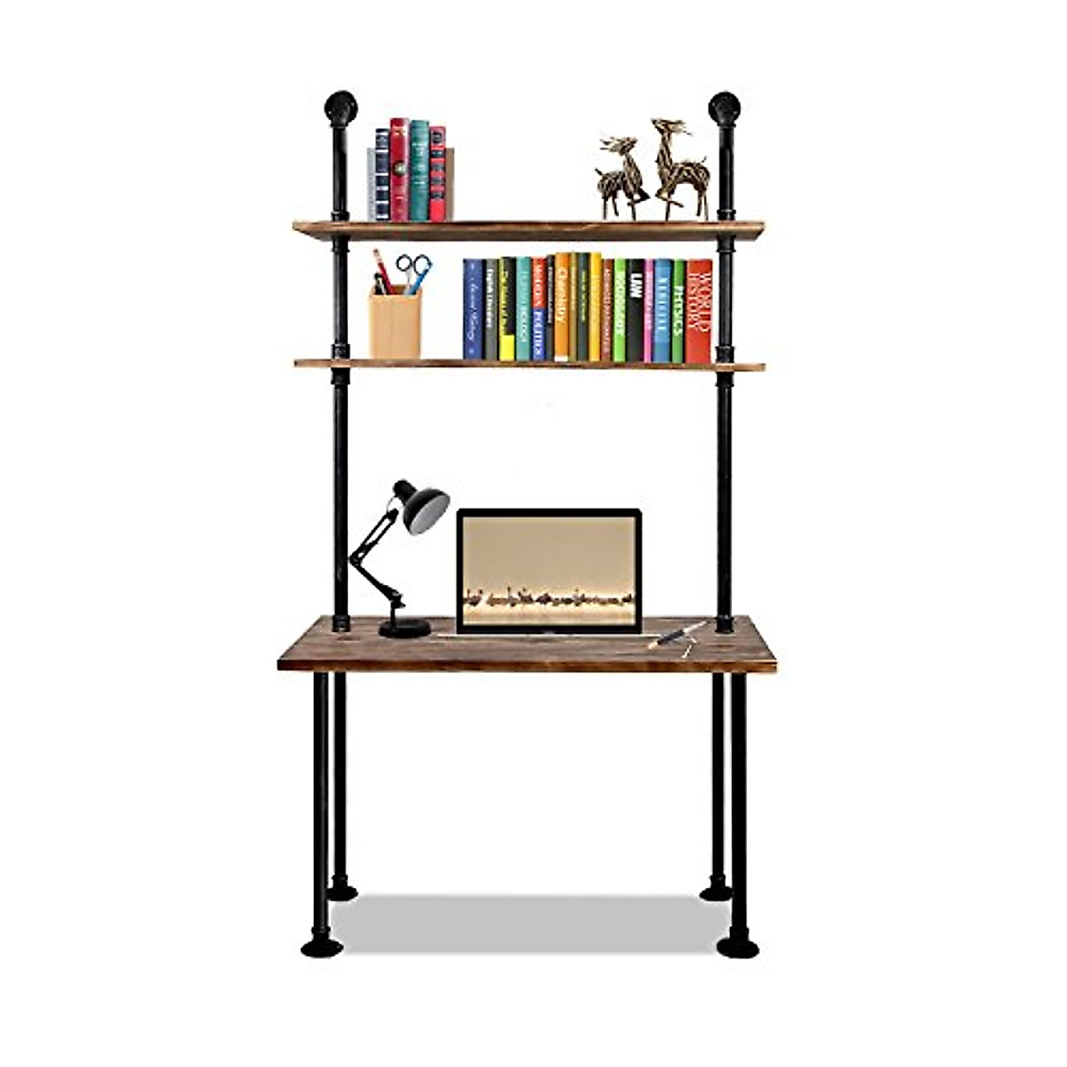 LOKKHAN 79-inch Industrial Laptop Desk Solid Wood Computer Desk Wall Pipe Desk with Shelves Computer Table for Home Office (L:40 inch)