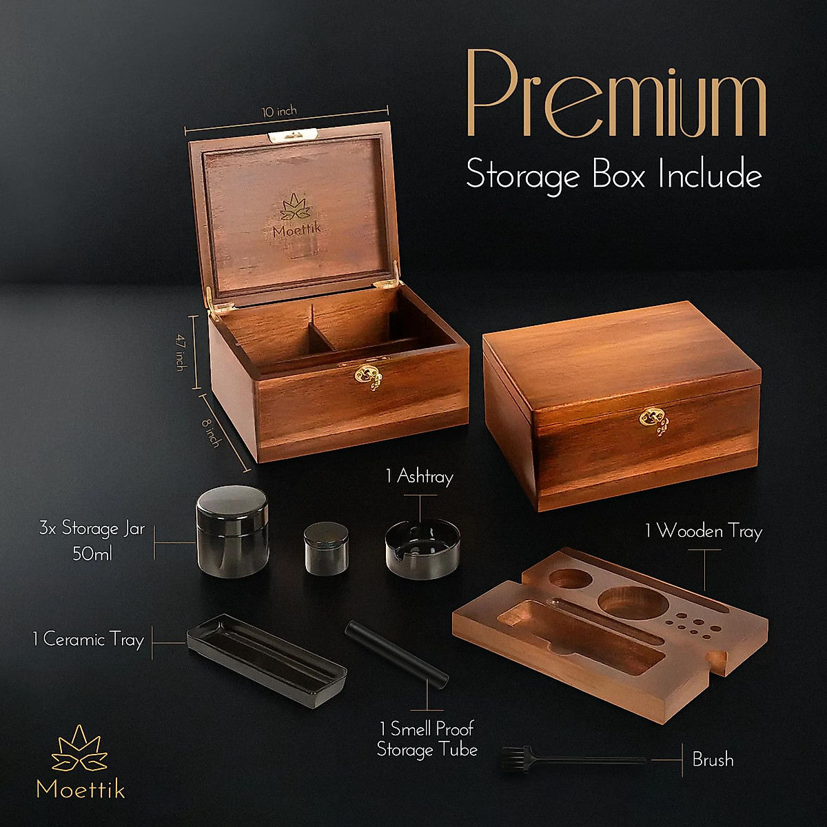 Moettik Premium Storage Box -Acacia Wooden Smell Proof Locking Storage Box with Accessories Removable Wood Tray, Glass Jars, Metal Tube, Ceramic Tray, Brush, Brown Upgraded Design