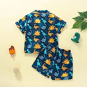 Qiylii Toddler Baby Boy Silk Pajamas Cow/Dinosaur Satin Pajamas Set Short Sleeve Button-Up Top Shorts 2PC PJs Summer (as1, age, 5_years, Blue)