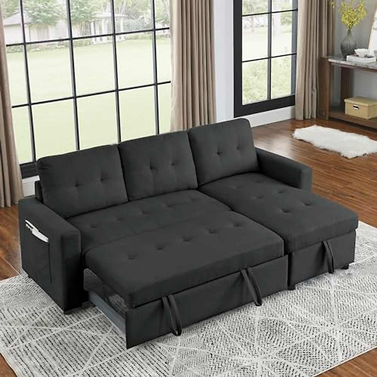 Eafurn L Shaped Sectional Sofa with Chaise Lounge and Pull Out Sofabed, Deep Seat Convertible Corner Couches with Storage Places,Comfy Upholstered Sofa&Couches for Living Room Furniture Sets