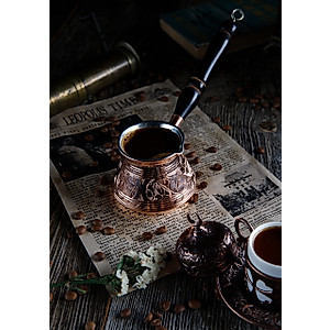DEMMEX Thickest Copper Turkish Greek Arabic Coffee Pot Engraved Stovetop Coffee Maker Cezve Ibrik Briki with Wooden Handle & Wooden Spoon, for 3 People (Copper)