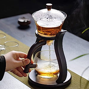 CUNHUY Lazy Kungfu Drip TeaPot, Heat Resistant Tea Set, Semi-Automatic Glass Teapot Suit for Magnetic Water Flow Wooden Glass Teapot Set (Wooden handle+glass body)