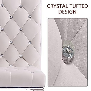 Anewsun Dining Chairs, White Velvet Upholstered Dining Room Chairs Set of 6, Crystal Decor Button Tufted Dining Chairs with Silver Mirror Legs