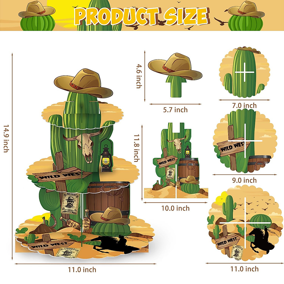 LXlucktim Western Cowboy Party Decorations Cupcake Stand, 3 Tier Cardboard Cowboy Cupcake Holders with 12pcs Cupcake Toppers and 12 Cupcakes Wrappers for Kids Wild Vest Birthday Party Supplies