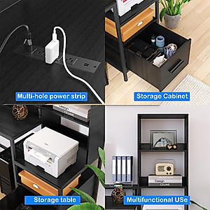RUPOLX Black Desk with File Drawers, Computer Desk with Power Outlet and Monitor Shelf, Home Office Desk with Storage Shelves, Gaming Desk with Led Lights