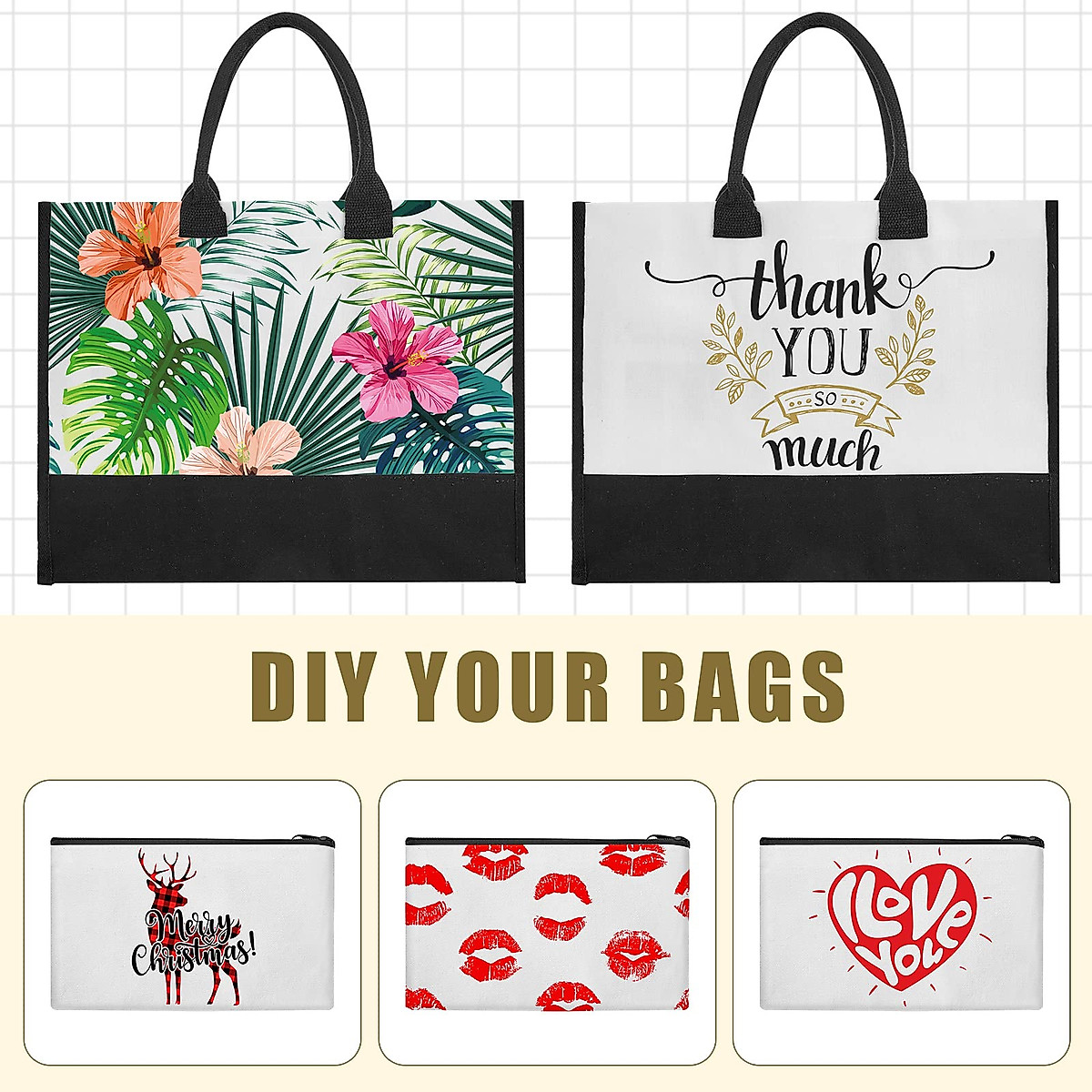 24 Pcs Beach Canvas Tote Bag with Canvas Makeup Bag Set Blank Initial Gift Bags for Women Personalized Kitchen Reusable Grocery Bags for Gift DIY Travel Shopping Bridesmaid Bride Wedding, Black White