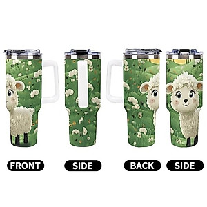 LLUTSNTH 40 Oz Vacuum Tumbler with White Handle Leakproof Insulated Tumbler Cute Cartoon Sheep Stainless Steel Travel Mug with Lid And Straw Coffee Cup Cute Water Bottles Cup Holder Friendly