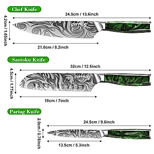 Chef Knife Set for Kitchen, 3Pcs German Carbon Stainless Steel Kitchen Knife, Professional Chefs Knife Set Ultra Sharp Chef Knife for Home, Restaurant (Green Handle)