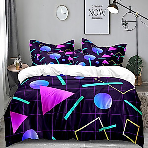 Geometric Duvet Cover Set Queen Include 1 Duvet Cover 2 Pillowcases Vaporwave 80'S Style Retro 1980S Neon Party Geometric Graphic Comforter Cover Microfiber Soft Bedding Sets