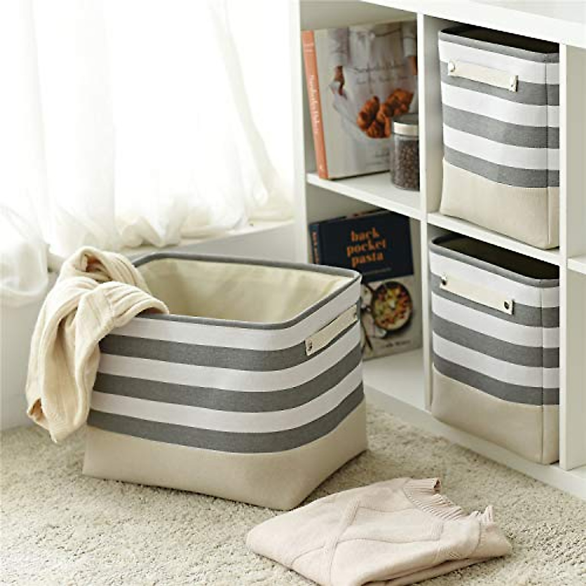 TheWarmHome Extra Large Cube Storage Bins Baskets for Organizing, Sturdy Fabric Storage Basket Cube W/Handles, Decorative Foldable Storage Baskets for Shelves Closet Nursery Toy (3 Pack 16×12×12inch)