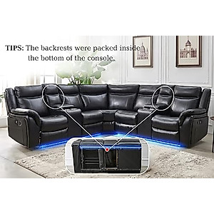 ELIASER Manual Reclining Sectional Sofa with LED Light Recliner Faux Leather L-Shaped Reclining Sectional Couch Recliner Sofa Cup Holder,USB Port,Storage Console,5 Seater for Living Room Black