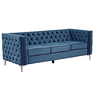 Morden Fort Sofas for Living Room, 85" Blue Chesterfield Sofa with Button Tufted & Nailhead Trim, Classic Velvet Upholstered Sofa for Office, Apartment, Home