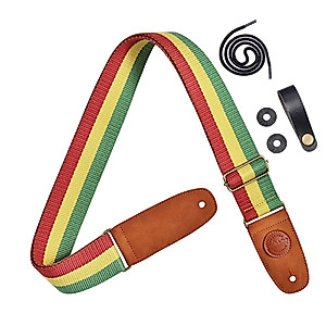 Amumu Reggae Guitar Strap Jamaica Rasta for Acoustic, Electric and Bass Guitars with Strap Blocks & Headstock Strap Tie
