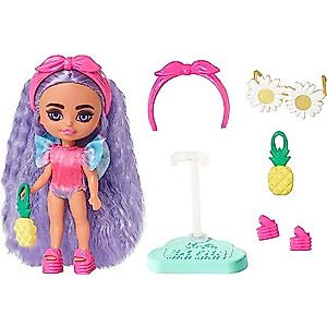 Barbie Extra Mini Minis Travel Doll with Beach Fashion, Tie-Dye Swimsuit and Tropical Accessories, Barbie Extra Fly Small Doll