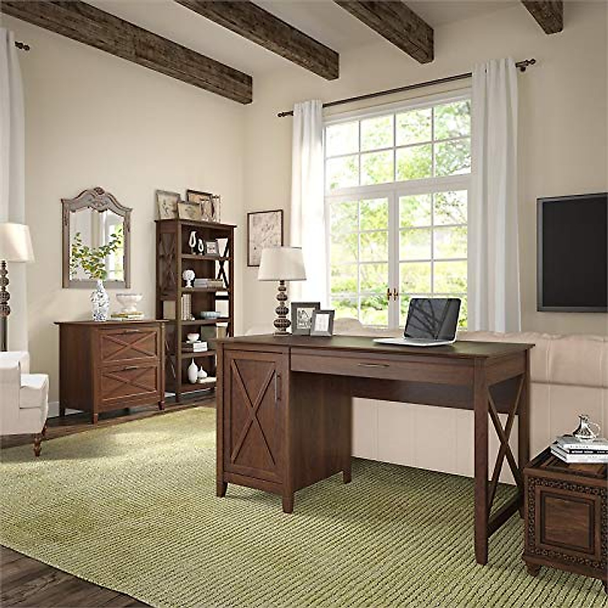 Bush Furniture Key West 54W Computer Desk with Storage, 2 Drawer Lateral File Cabinet and 5 Shelf Bookcase in Bing Cherry