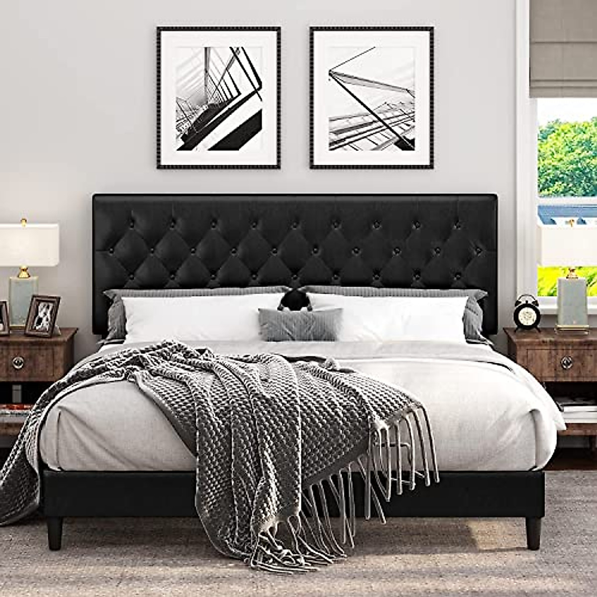 Keyluv Upholstered Platform Bed Frame with Button Tufted Headboard, Faux Leather, Wooden Slats Support, No Box Spring Needed, Easy Assembly, Full Size, Black