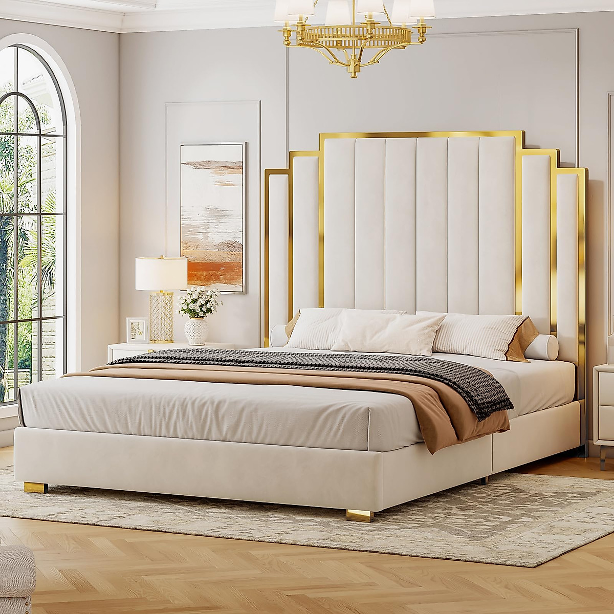 YUMPIE King Size Platform Bed Frame with 65" Extra Tall Headboard, Velvet Upholstered Bed with Golden Plating Trim, Wooden Slats/No Box Spring Needed/Noisy Free/Cream