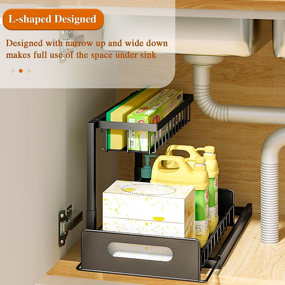 Under Sink Organizers and Storage Pull Out Cabinet Organizer and Storage Metal 2 Tier Under Sink Drawer Organizer Bottom Drawer Slide Out Under Sink Storage Shelf For Kitchen Bathroom, Black