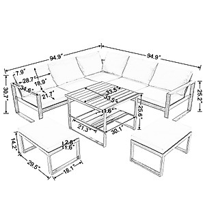 BIADNBZ 6-Pieces Patio Furniture Set for 7,Outdoor Conversation Sectional Sofa with with 1 Table and 2 Benches for Garden Deck Backyard, White