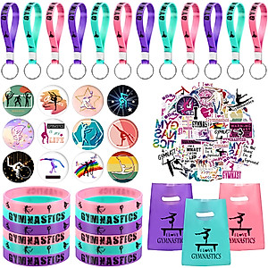 BANBALLON 98 Gymnastics Party Favors, Gymnastics Keychain Goodie Bags with Rubber Bracelets, Button Pins, Bags and Stickers for Gymnastics Theme Birthday Party Supplies Baby Shower Holiday