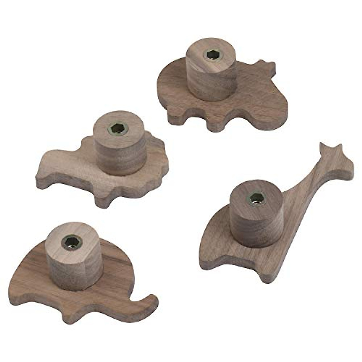 Decorative wooden jungle animal wall hooks, set of four, solid walnut wall hooks