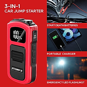 ECOMAX ECA80 Jump Starter, Car Battery Jump Starter, 1500A Peak 15000mAh Portable Car Jump Starter Battery Pack (7L Gas/5L Diesel) with USB/Type-C Quick Charging, LCD Display and LED Light
