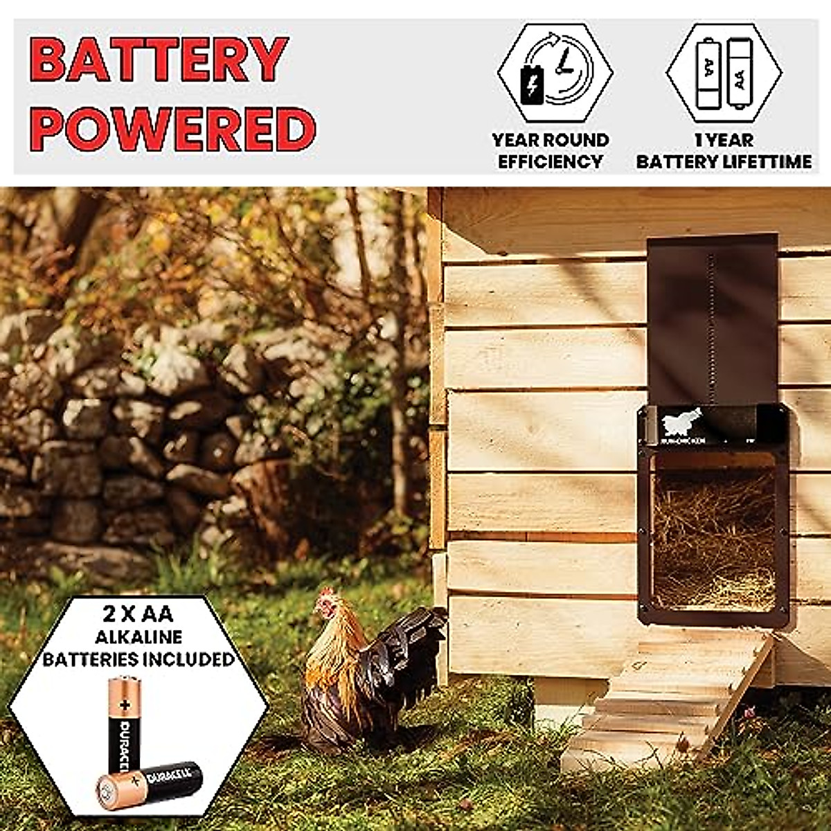 RUN-CHICKEN Door (Brown) Automatic Chicken Coop Door, Programmable with App, Battery Operated, Evening and Morning Delay, Aluminum Door, Electric Chicken Run Door, Model T50